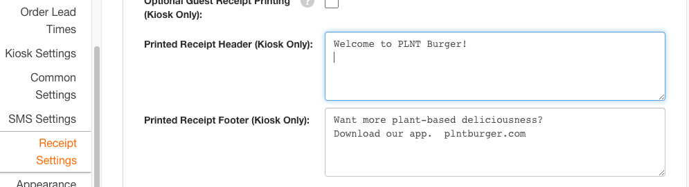 Receipt Configuration – Bite Kiosk