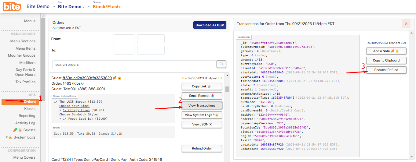 Processing a Refund – Bite Kiosk