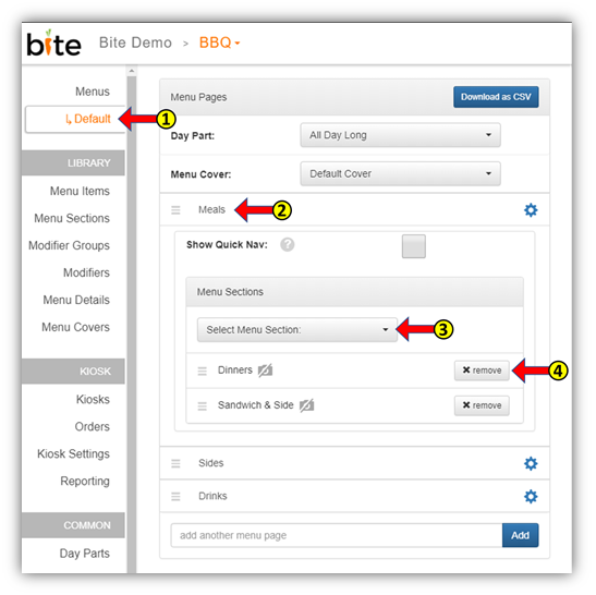 Adding or Removing Menu Sections from Menu Pages – Bite Kiosk