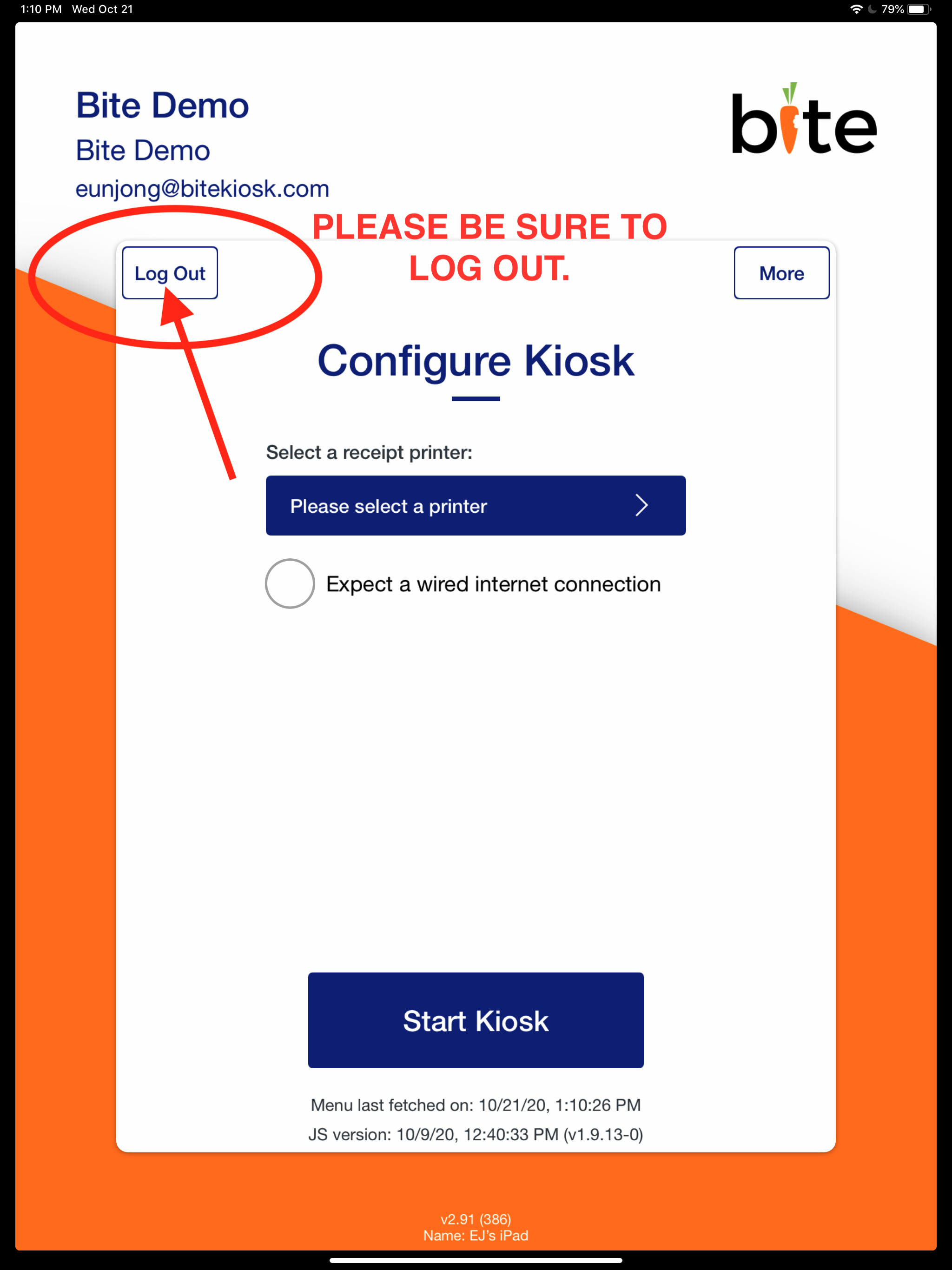 Getting to the "Configure Kiosk" screen – Bite Kiosk