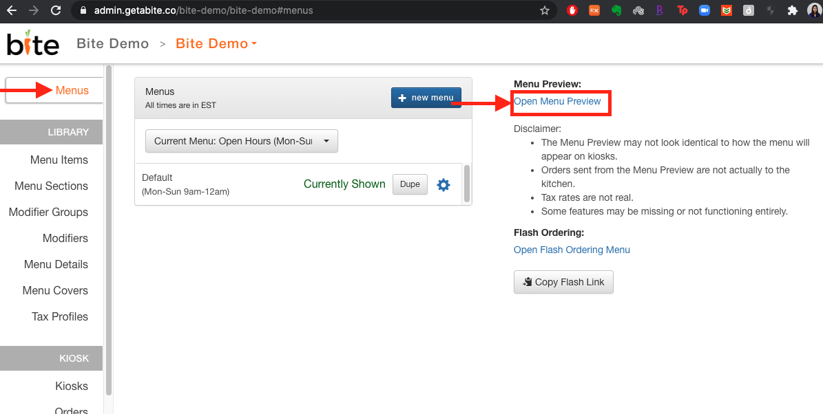 Previewing the kiosk menu in Bite Admin Portal on browser – Bite Kiosk