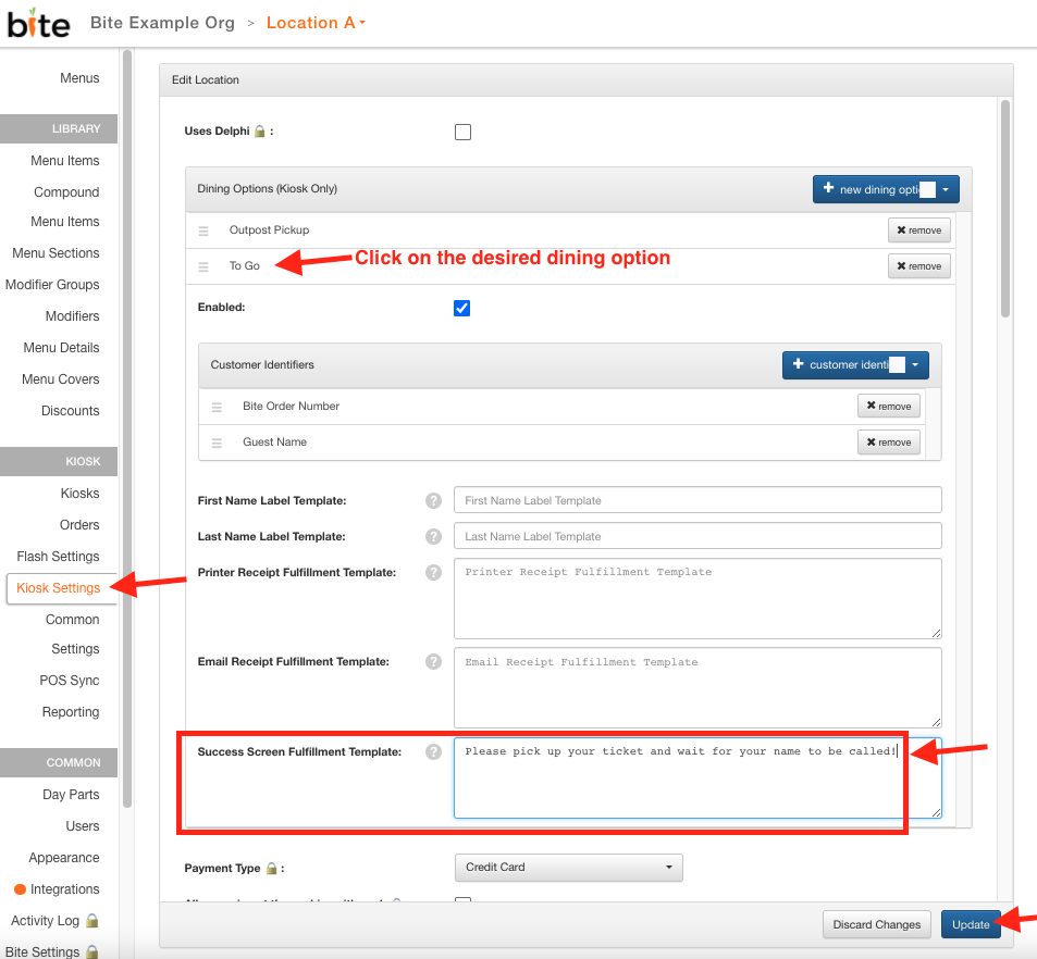 Configuring Success Screen Fulfillment Messages – Bite Kiosk