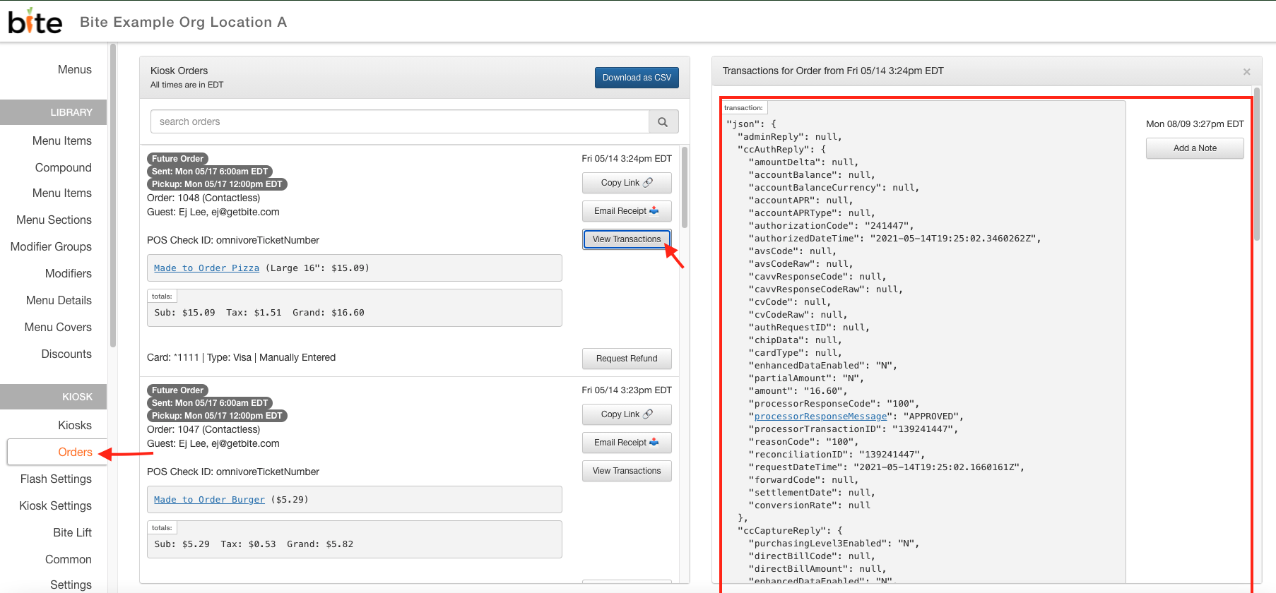 Viewing transaction logs for orders in Bite Admin Portal – Bite Kiosk