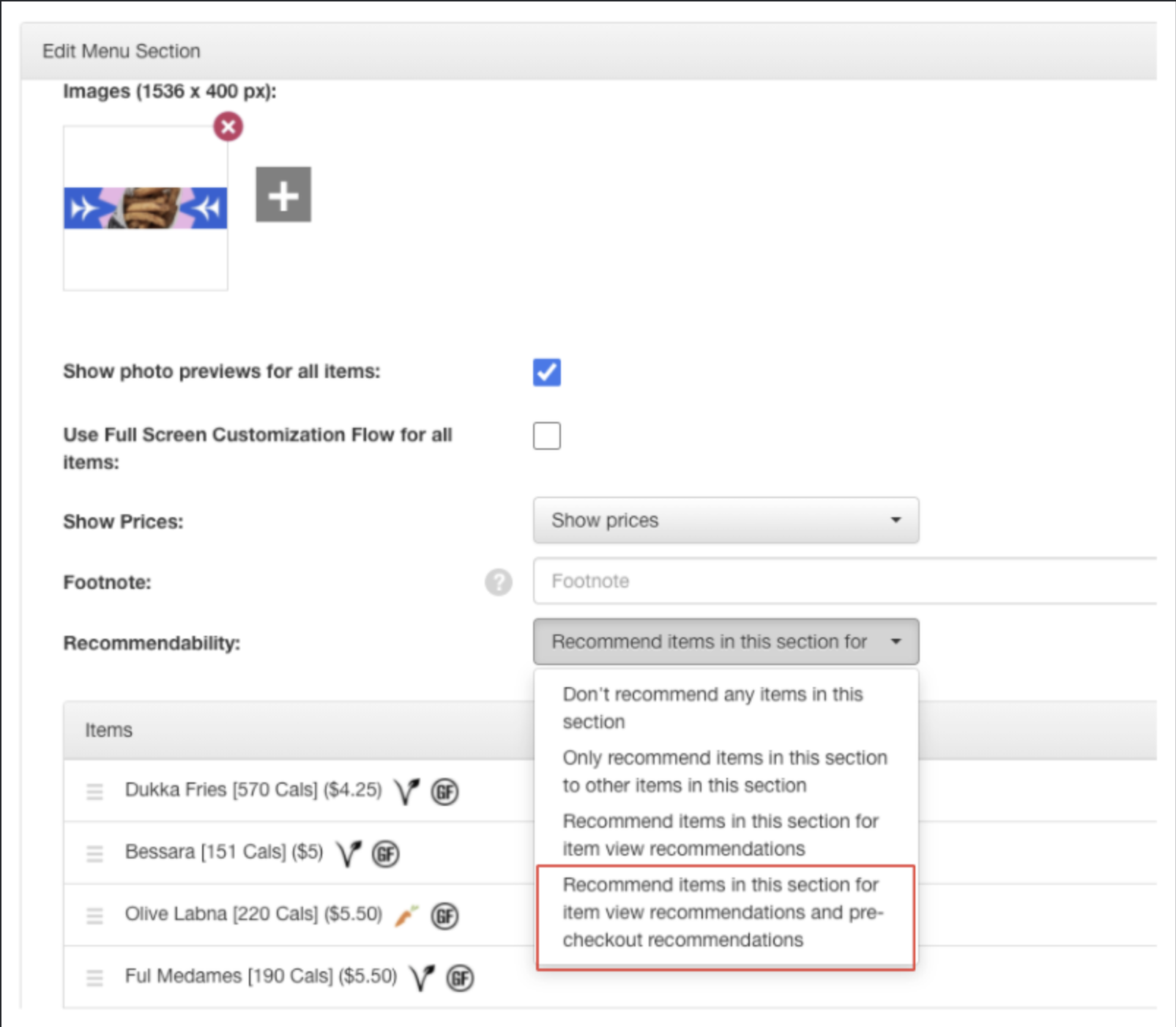Adding items to be recommended at checkout – Bite Kiosk